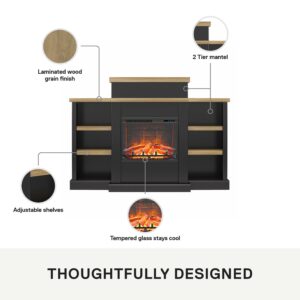 Ameriwood Home Gateswood 64 Inch Electric Fireplace with Mantel, Replaceable Fireplace Insert Heater, Shelves, Remote Control, Timer, Realistic Log and Flame Effect, Black