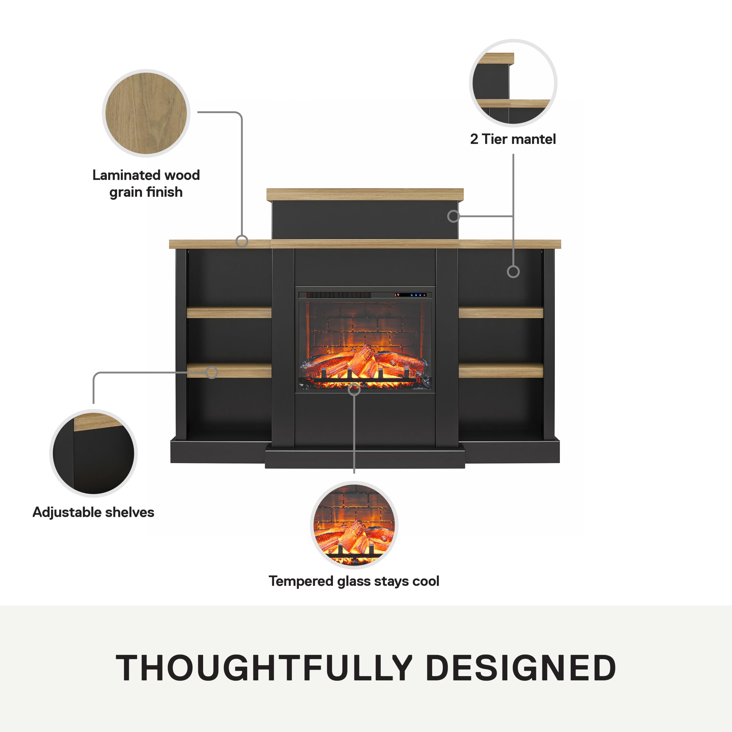 Ameriwood Home Gateswood 64 Inch Electric Fireplace with Mantel, Replaceable Fireplace Insert Heater, Shelves, Remote Control, Timer, Realistic Log and Flame Effect, Black