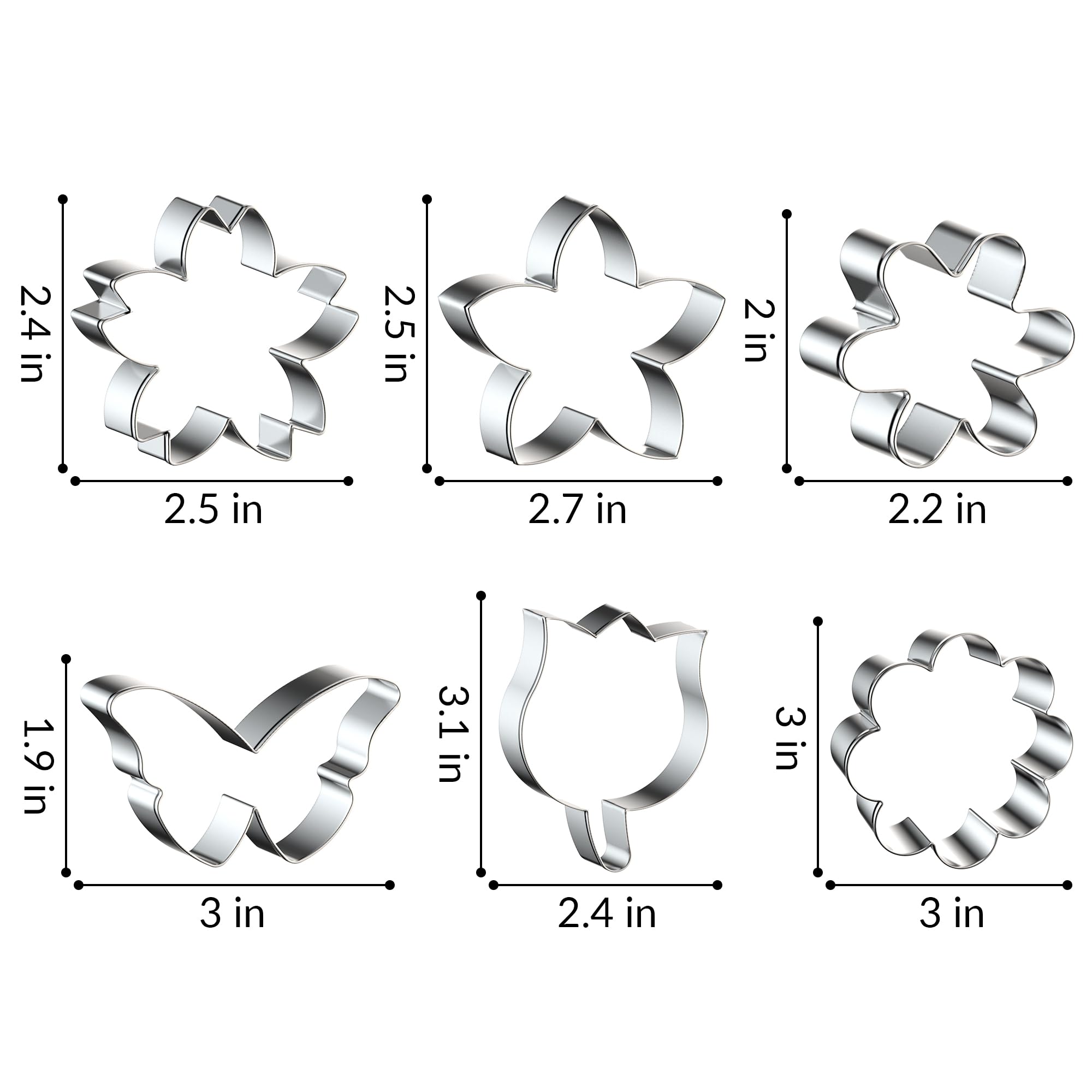 FUSOTO 6PCS Flower Cookie Cutter Set, 3 Inches Flower Shaped Cookie Cutter-Daisy, Tulip, 3 Shaped of Flowers, Butterfly, Stainless Steel Cookie Cutters, Baking Tool for Homemaking Cookie