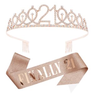 21st birthday crowns and sashes for women, birthday sash princess tiara headband elegant rose gold crown with combs for girls crystal tiaras birthday headpieces for party hair accessories gifts