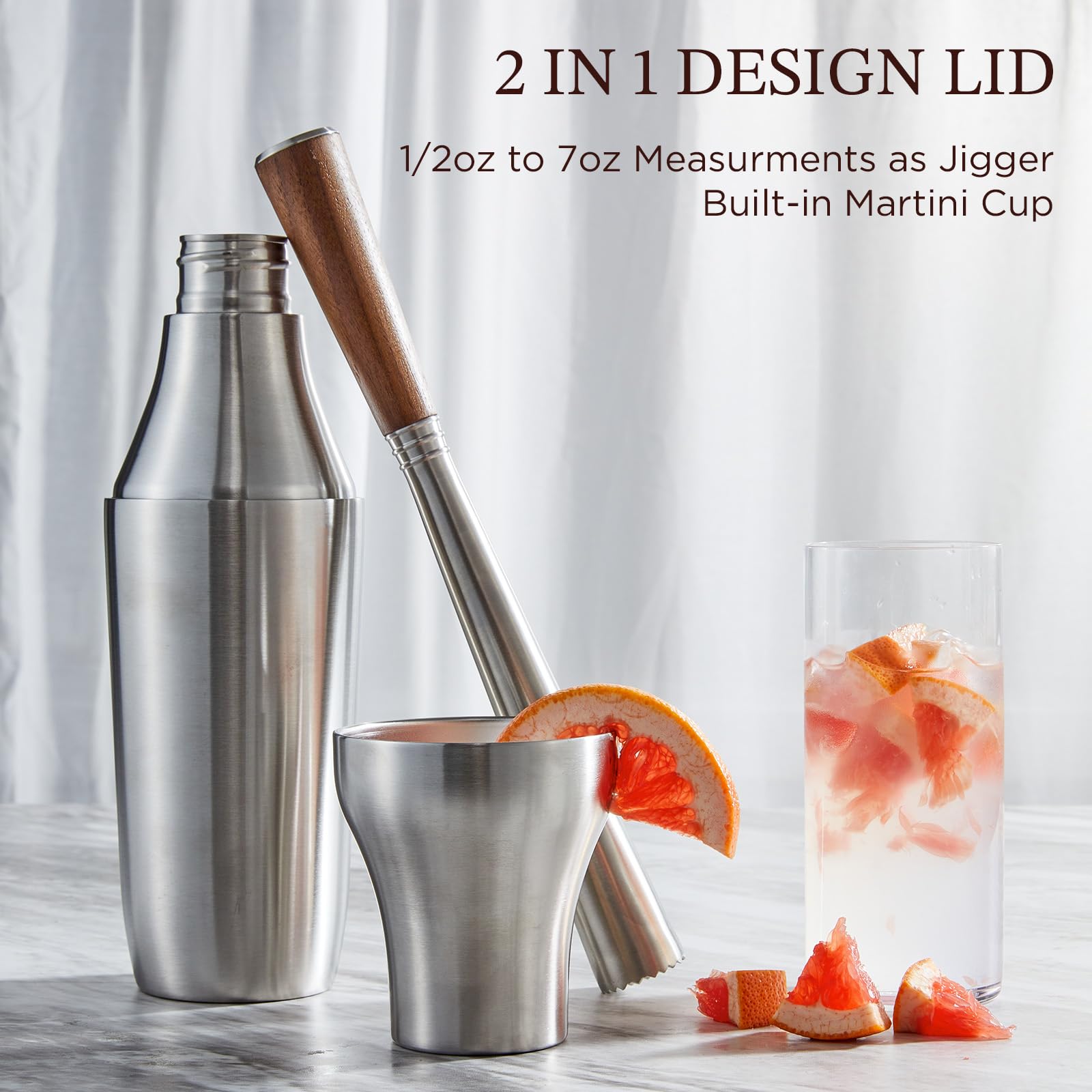 Kitessensu Hybrid Cocktail Shaker | Vacuum Insulated Stainless Steel Martini Shaker with Double Wall Martini Cup | Integrated Measuring System | Tumbler Lid & Cocktail Recipes Included | Silver