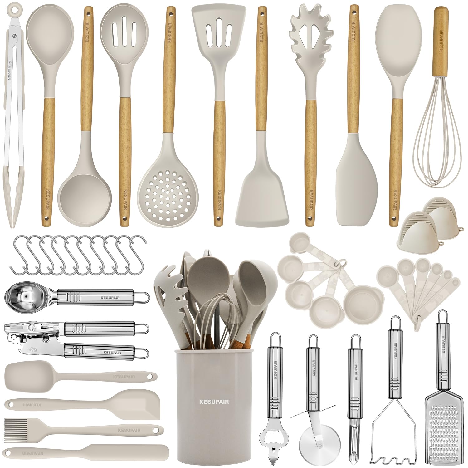 Silicone Kitchen Utensils Set, 46 pcs Cooking Utensils Set-Silicone Spatula Set- Kitchen Gadgets and Tools with Holder-Wooden Handle Silicone Kitchen Utensil with Tongs,Grater (Khaki)