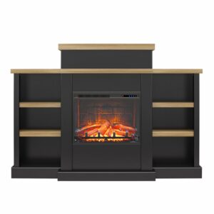 ameriwood home gateswood 64 inch electric fireplace with mantel, replaceable fireplace insert heater, shelves, remote control, timer, realistic log and flame effect, black