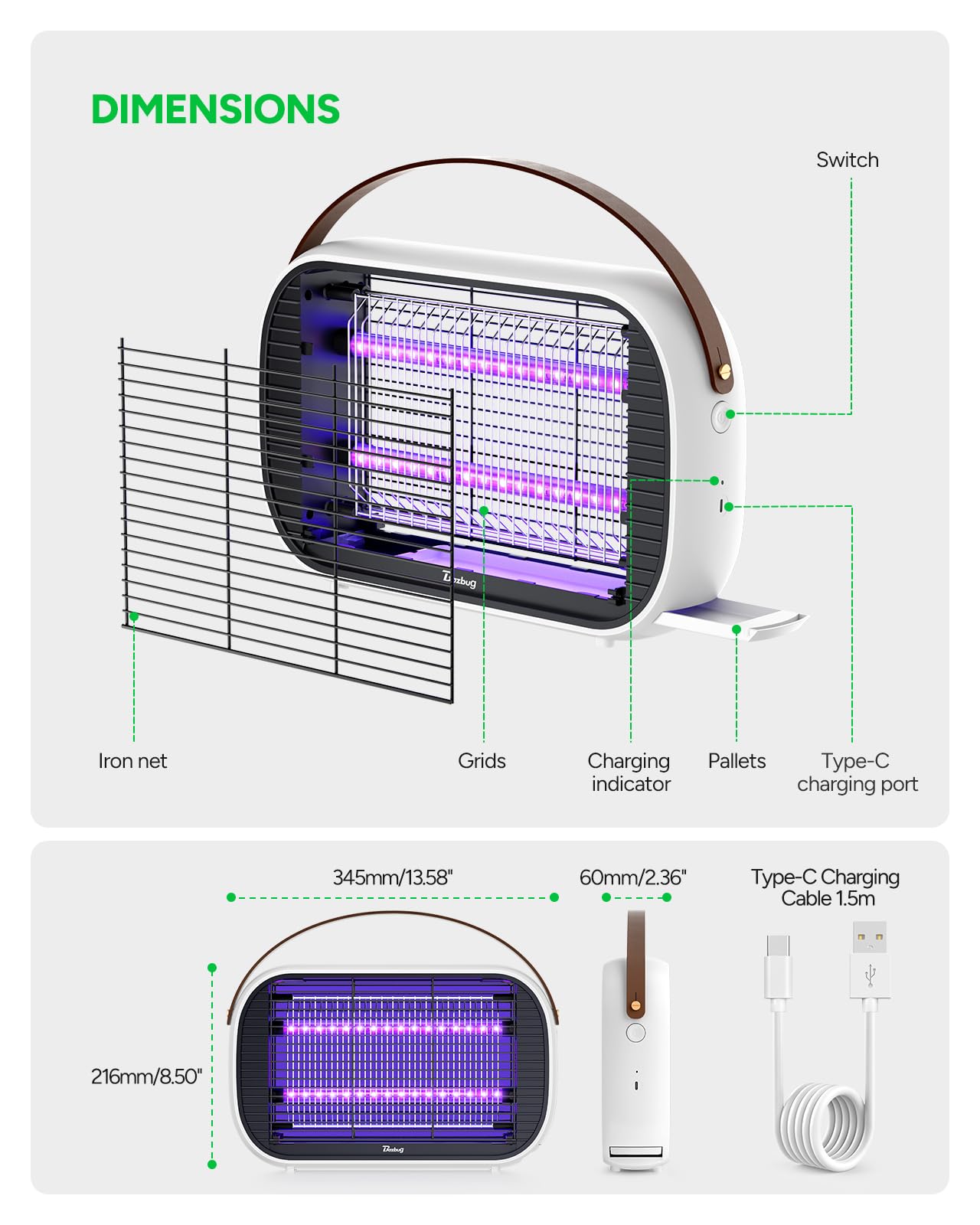 Buzbug LED Bug Zapper Outdoor Indoor, Rechargeable 5200mAh Battery, Durable 10 Years Lifespan Lamp, Portable Camping Mosquito Zapper, Fly Trap Mosquito Trap, Fly Killer Fly Zapper -MA015C