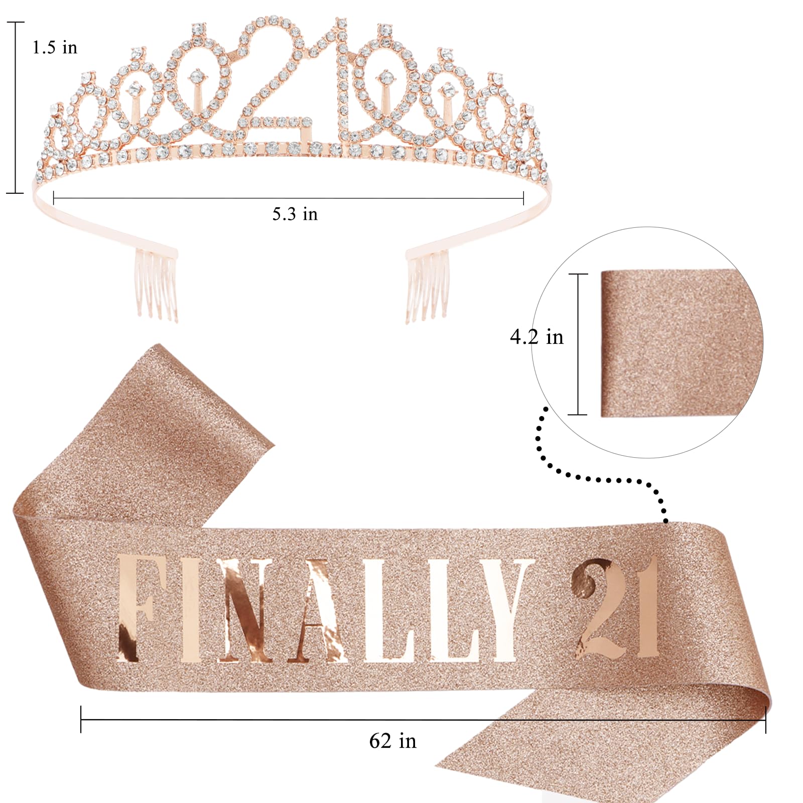 21st Birthday Crowns and Sashes for Women, Birthday Sash Princess Tiara Headband Elegant Rose Gold Crown with Combs for Girls Crystal Tiaras Birthday Headpieces for Party Hair Accessories Gifts