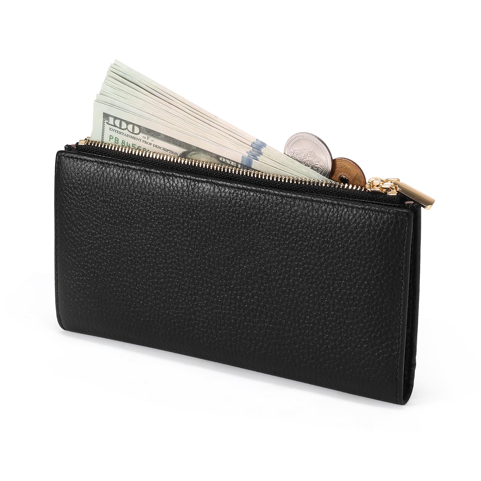 GOIACII Slim Wallet for Women Rfid Blocking Credit Card Holder with Zip Pocket Bifold Leather Black