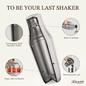 Kitessensu Hybrid Cocktail Shaker | Vacuum Insulated Stainless Steel Martini Shaker with Double Wall Martini Cup | Integrated Measuring System | Tumbler Lid & Cocktail Recipes Included | Silver