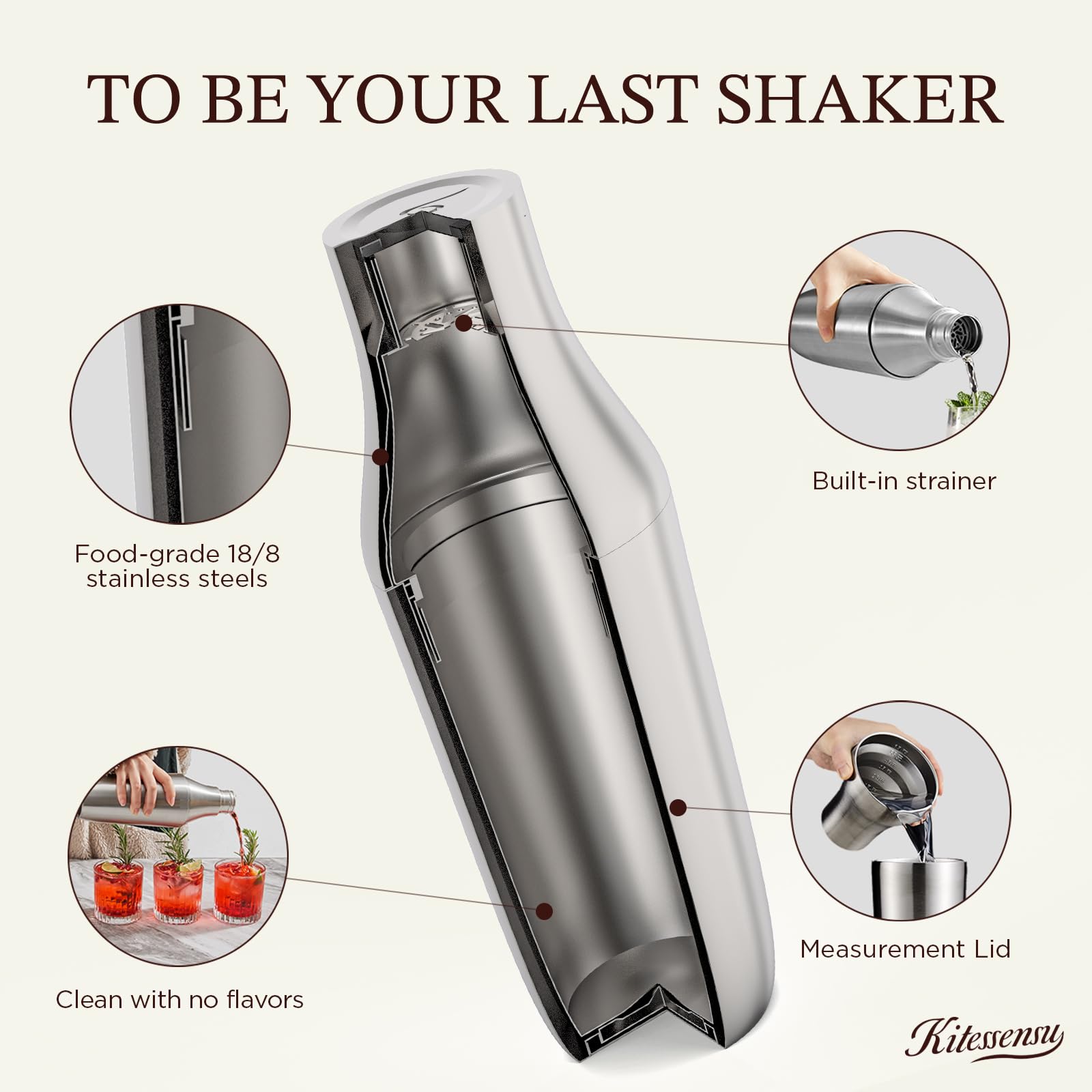 Kitessensu Hybrid Cocktail Shaker | Vacuum Insulated Stainless Steel Martini Shaker with Double Wall Martini Cup | Integrated Measuring System | Tumbler Lid & Cocktail Recipes Included | Silver