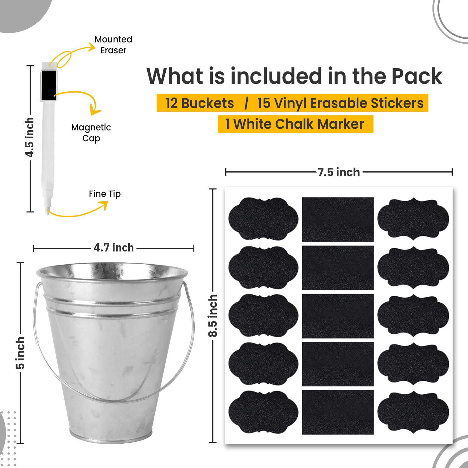 Colorlaza Galvanized Metal Bucket with Handle 12 Pcs- Metal Buckets for Party, Tin Buckets with erasable Stickers and Chalk Marker Silver Bucket 4.7" W x 5" H x 2.7" L