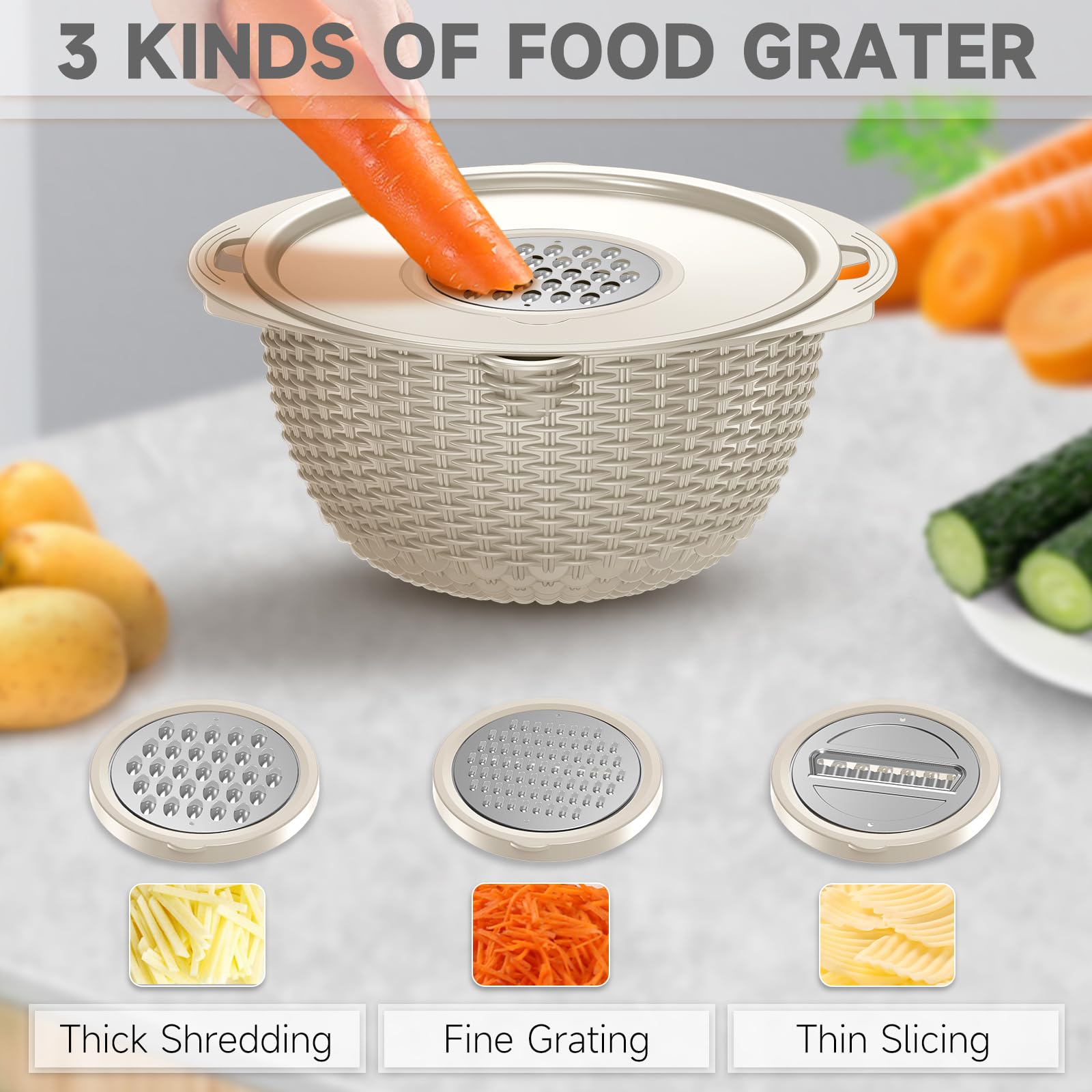 4-1 Colander with Bowl Set - Colander Bowl with Measuring Spoons - Fruit Strainer Bowl, Colanders & Food Strainers Stainless Steel, Rotatable Kitchen Colander Strainer Bowl - Beige