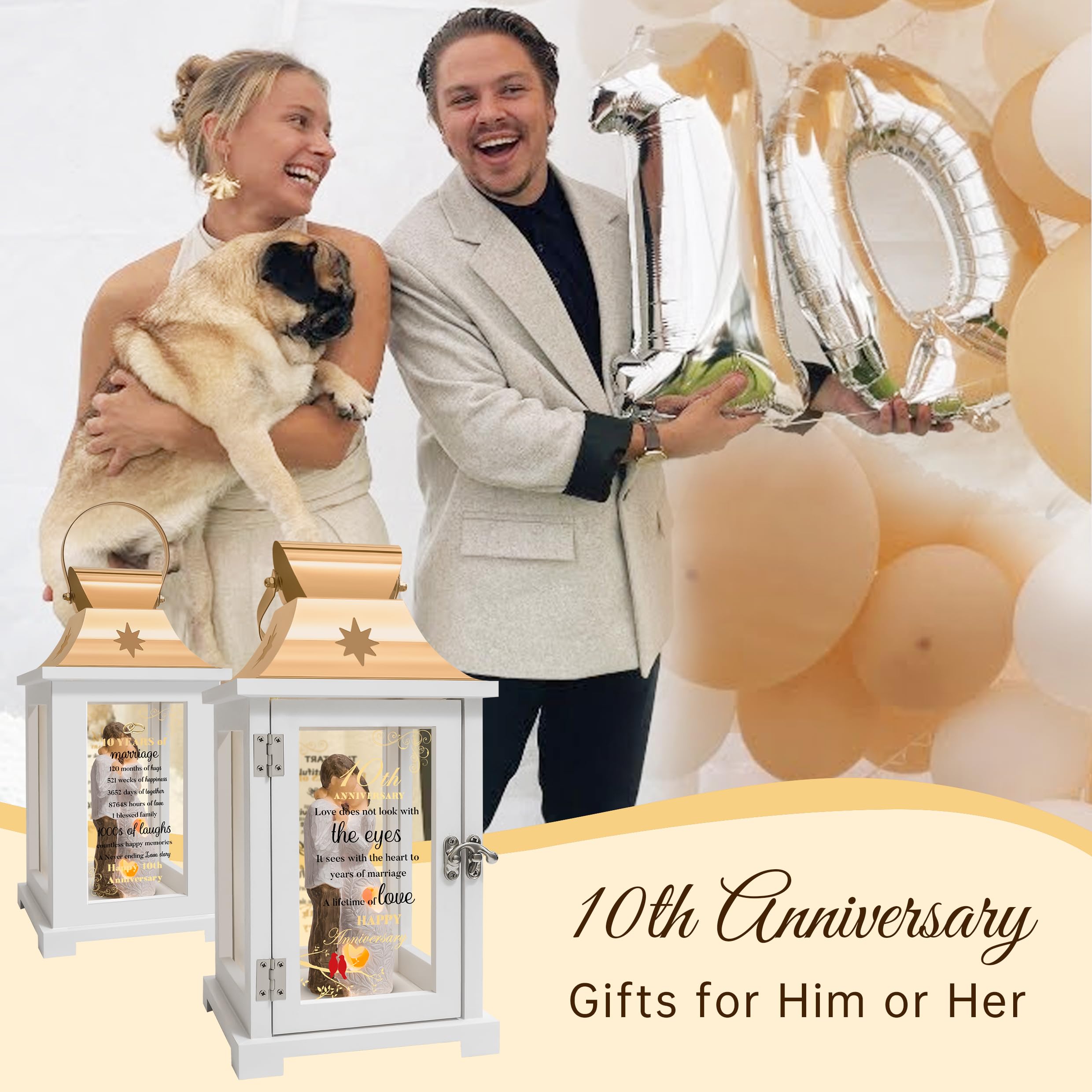 10th Wedding Anniversary Lantern, Best 10th Anniversary Wedding Gifts for Couple Parents Wife Husband Tin 10 Years of Marriage for Him Her, Unique 10th Wedding Ideas