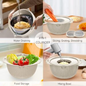 4-1 Colander with Bowl Set - Colander Bowl with Measuring Spoons - Fruit Strainer Bowl, Colanders & Food Strainers Stainless Steel, Rotatable Kitchen Colander Strainer Bowl - Beige