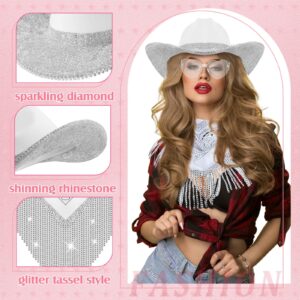 Silicherry Rhinestone Cowboy Hat Glitter Cowgirl Hat with Glasses Headscarf for Men Women Adult Bling Cowboy Costume Cosplay(White, Classic Style)