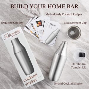 Kitessensu Hybrid Cocktail Shaker | Vacuum Insulated Stainless Steel Martini Shaker with Double Wall Martini Cup | Integrated Measuring System | Tumbler Lid & Cocktail Recipes Included | Silver