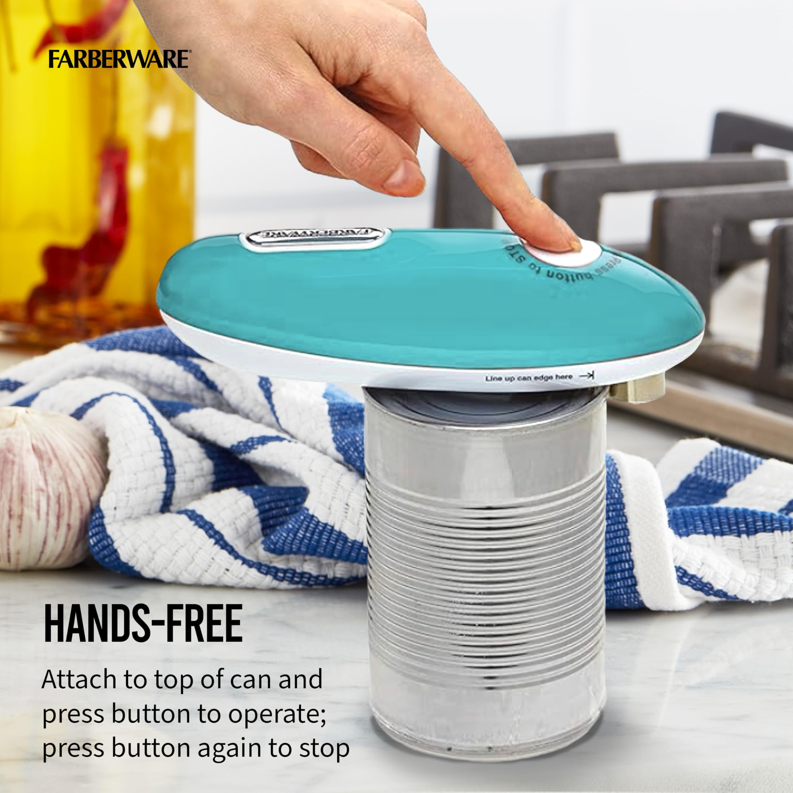 Farberware Compact Battery Operated Hands-Free Automatic Can Opener for any Size Can with Magnet to Safely Remove Lid, Seamless Opening Decreases Sharp Edges for Easily and Safely Opening Cans, Aqua