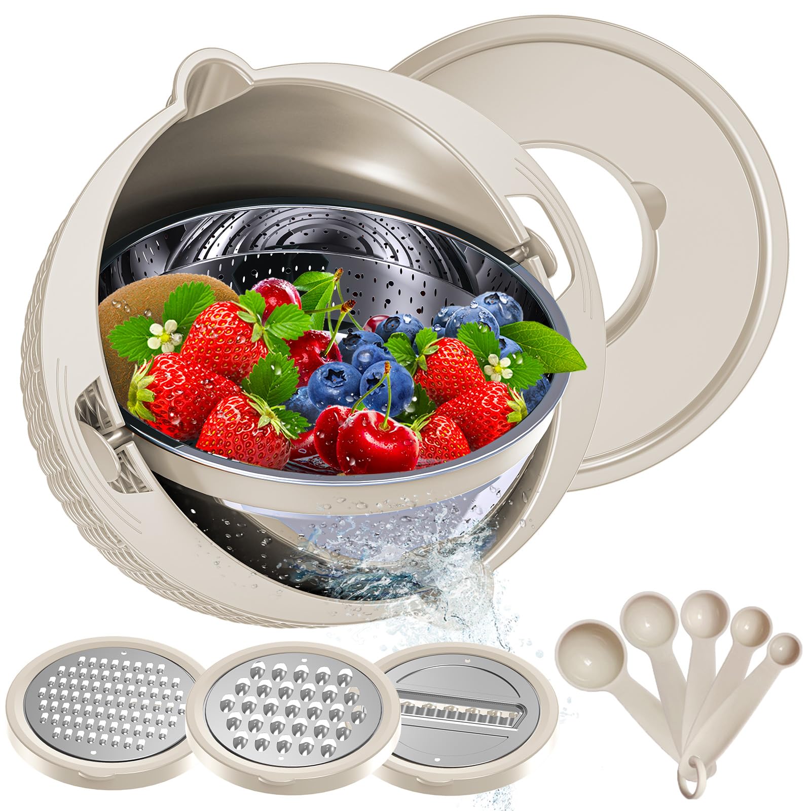 4-1 Colander with Bowl Set - Colander Bowl with Measuring Spoons - Fruit Strainer Bowl, Colanders & Food Strainers Stainless Steel, Rotatable Kitchen Colander Strainer Bowl - Beige