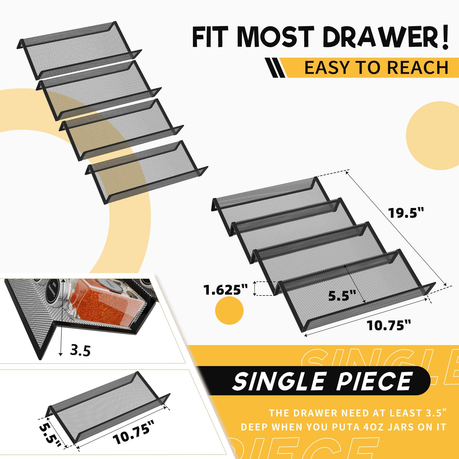 Simple Trending Spice Drawer Organizer,8 Piece Metal Mesh Expandable from 10.75" to 21.5" Insert,Hold up 48 Spice Jars Kitchen Countertop Rack Tray，for Drawer/Countertop (Jars not included)