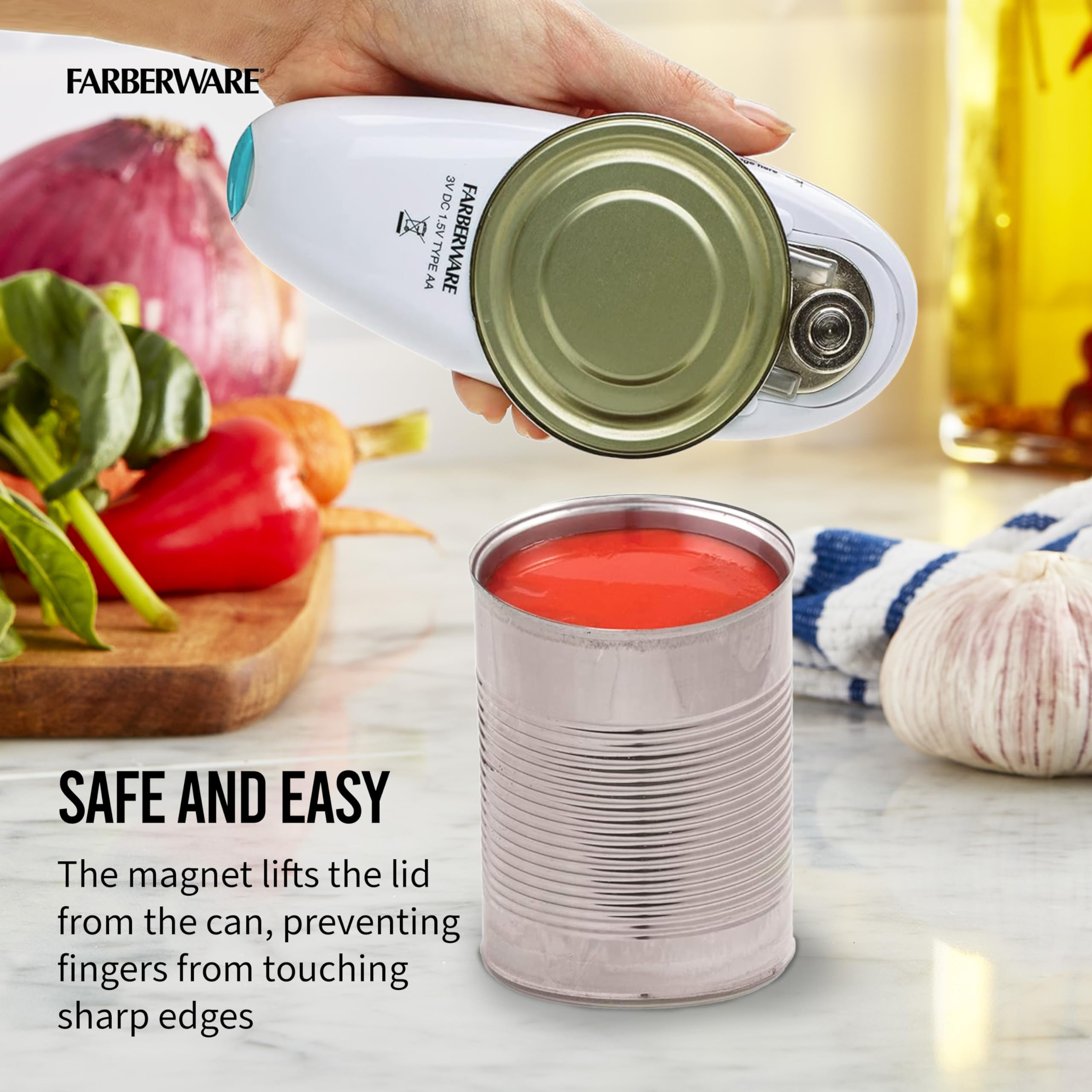 Farberware Compact Battery Operated Hands-Free Automatic Can Opener for any Size Can with Magnet to Safely Remove Lid, Seamless Opening Decreases Sharp Edges for Easily and Safely Opening Cans, Aqua