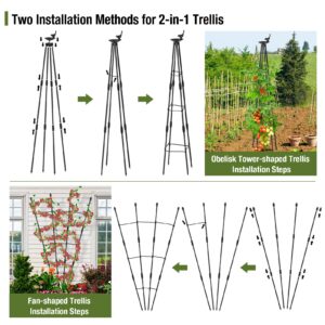 Yeghujar 2Packs 2-in-1 Trellis for Climbing Plants Outdoor Indoor, 47 in Garden Plant Climbing Trellis for Potted Plants, Flowers, Tomato Vegetables, Tower Obelisk & Fan-Shaped Plant Support Trellis