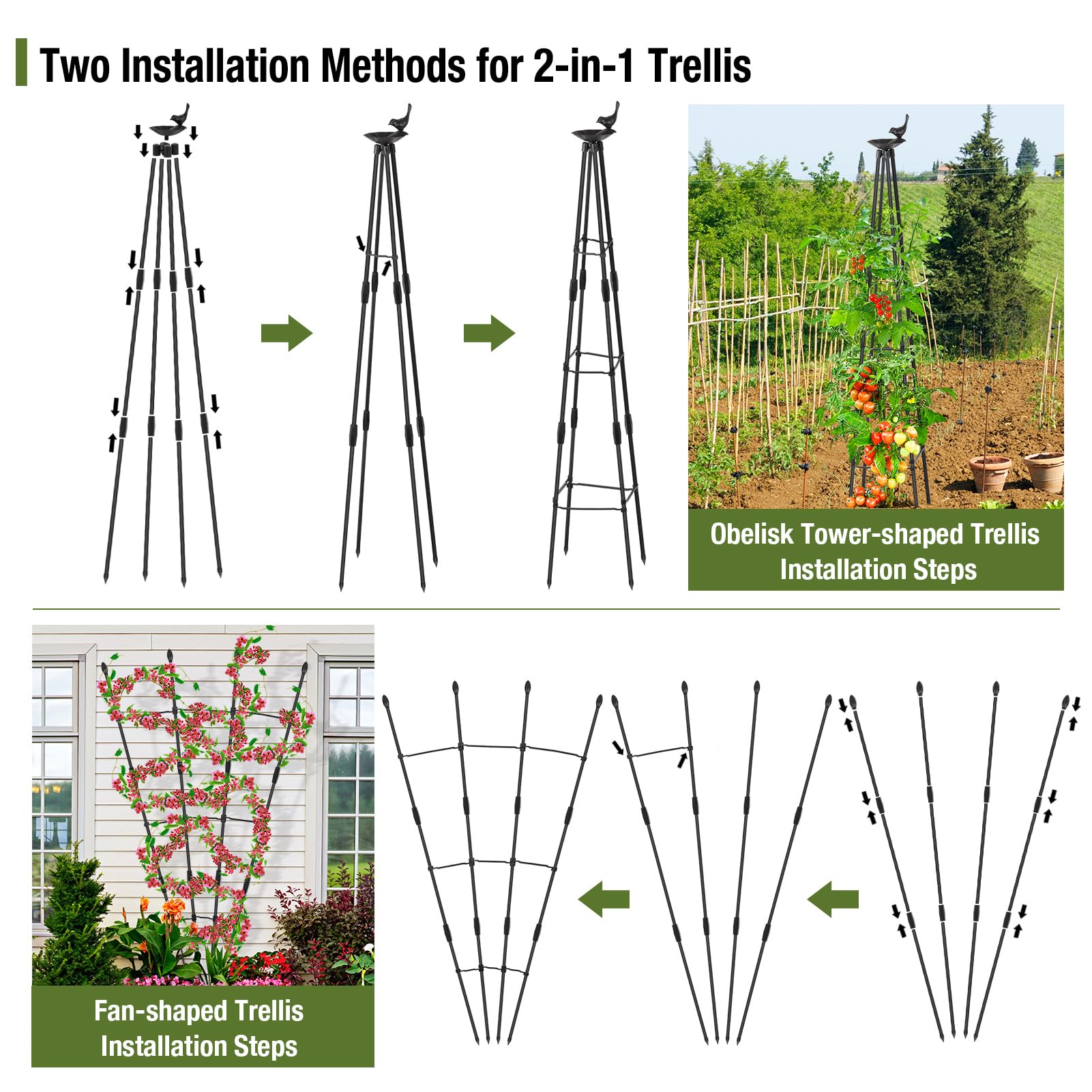 Yeghujar 2Packs 2-in-1 Trellis for Climbing Plants Outdoor Indoor, 47 in Garden Plant Climbing Trellis for Potted Plants, Flowers, Tomato Vegetables, Tower Obelisk & Fan-Shaped Plant Support Trellis