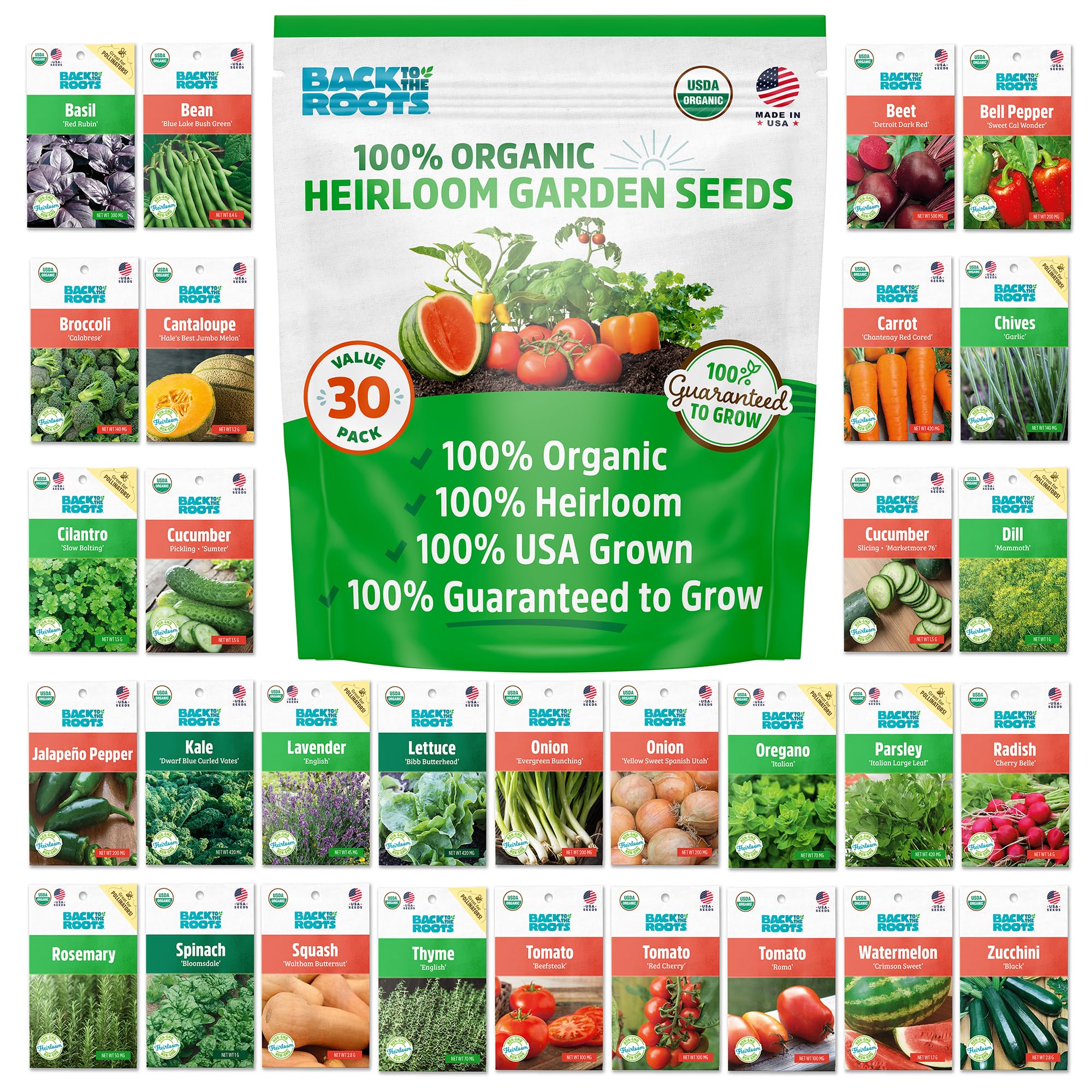 Back to the Roots Heirloom Organic, Non-GMO & USA Grown Seeds, 30ct Herb, Fruit, and Veggies, Assortment May Vary, Guaranteed to Grow