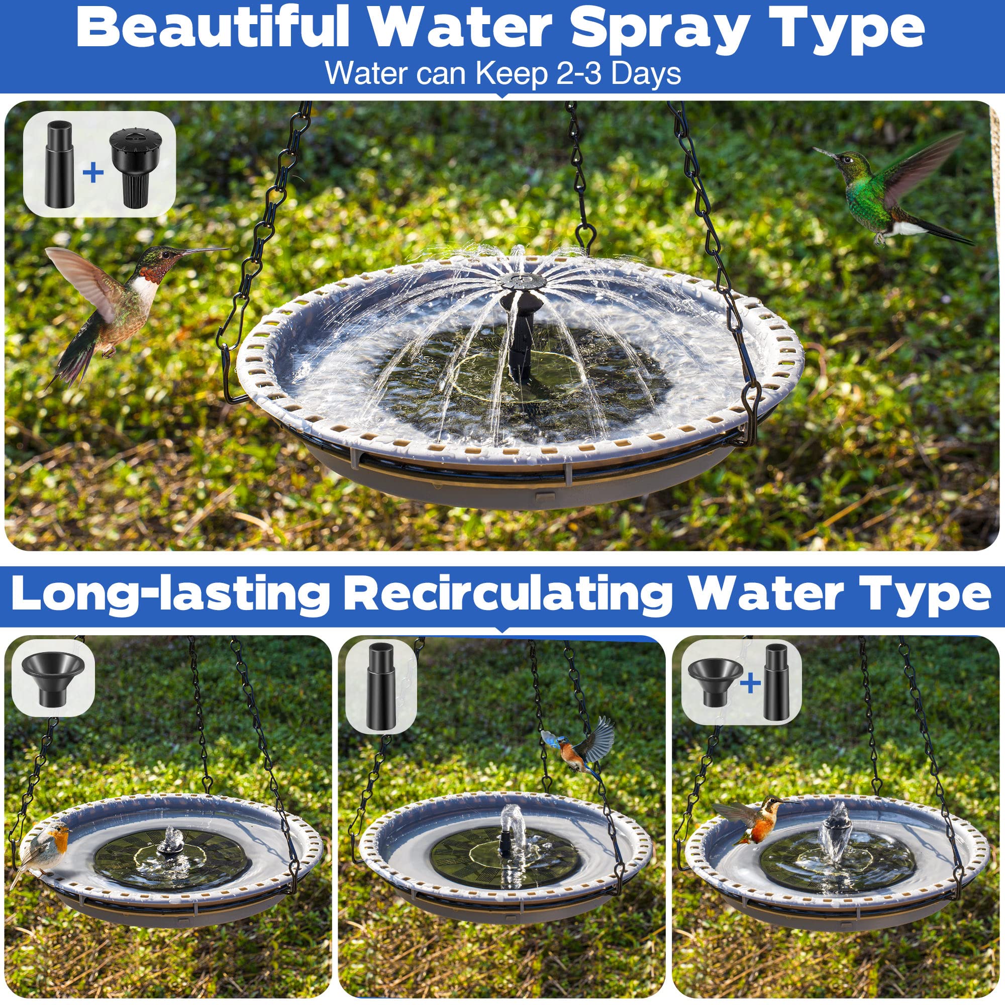 Dreyoo Solar Bird Bath Fountain for Outdoor, Solar Powered Hummingbird Water Fountain Combo Set, Bird Bath Bowl with Solar Fountain Pump with 4 Water Spray for Garden Yard Patio Lawn (Hanging)