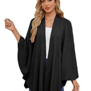 PULI Women's Elegant Shawl Wraps Soft Open Front Poncho Sweater for Spring Fall Winter Black