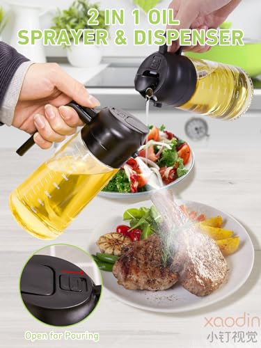 TrObayee 14oz Olive Oil Dispenser for Kitchen -2 in 1 Glass Oil Sprayer and Oil Dispenser,420ml Oil Bottles for Cooking,Air Fryer, Baking,Salad, Frying, BBQ (Black)