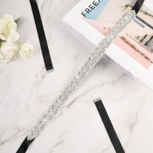 Telooco Bridal Wedding Waist Belt Silver Glitter Rhinestone Sash Belt Handmade Black Ribbon Crystal Belt for Bride Women Formal Dress