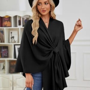 PULI Women's Elegant Shawl Wraps Soft Open Front Poncho Sweater for Spring Fall Winter Black