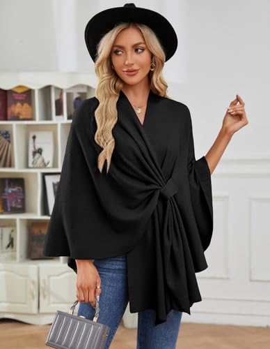 PULI Women's Elegant Shawl Wraps Soft Open Front Poncho Sweater for Spring Fall Winter Black