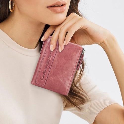 Contacts Soft Leather Wallet for Women Small Bifold Coin Purse Double Zipper Card Holder with RFID Blocking (Rose Tan)