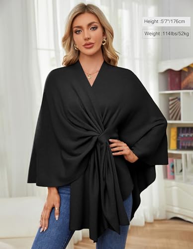 PULI Women's Elegant Shawl Wraps Soft Open Front Poncho Sweater for Spring Fall Winter Black