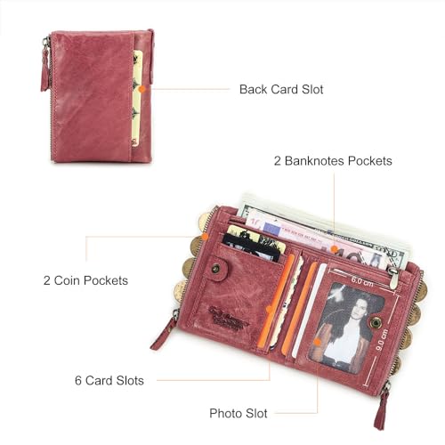 Contacts Soft Leather Wallet for Women Small Bifold Coin Purse Double Zipper Card Holder with RFID Blocking (Rose Tan)