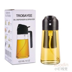 TrObayee 14oz Olive Oil Dispenser for Kitchen -2 in 1 Glass Oil Sprayer and Oil Dispenser,420ml Oil Bottles for Cooking,Air Fryer, Baking,Salad, Frying, BBQ (Black)