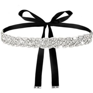 telooco bridal wedding waist belt silver glitter rhinestone sash belt handmade black ribbon crystal belt for bride women formal dress