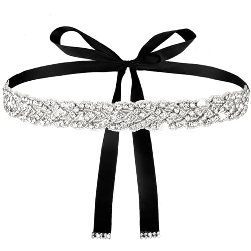 Telooco Bridal Wedding Waist Belt Silver Glitter Rhinestone Sash Belt Handmade Black Ribbon Crystal Belt for Bride Women Formal Dress