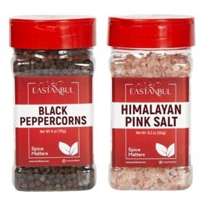 salt and pepper for grinder refill, peppercorns whole 6oz, pink himalayan salt 12.3oz, peppercorns for grinder refill, black peppercorns, pink salt for grinder, spice buddies series, gift box