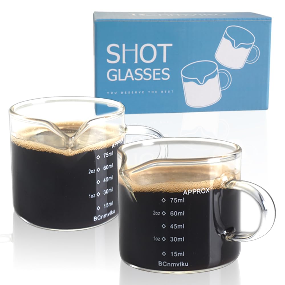 BCnmviku 2 PACK Espresso Glass Measuring Cup Triple Pitcher Milk Cup 75ML Espresso Cups with Handle Espresso Shot Glass with V-Shaped Mouth Clear Glass Espresso Accessories Milk Frothing Pitcher