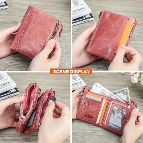 Contacts Soft Leather Wallet for Women Small Bifold Coin Purse Double Zipper Card Holder with RFID Blocking (Rose Tan)