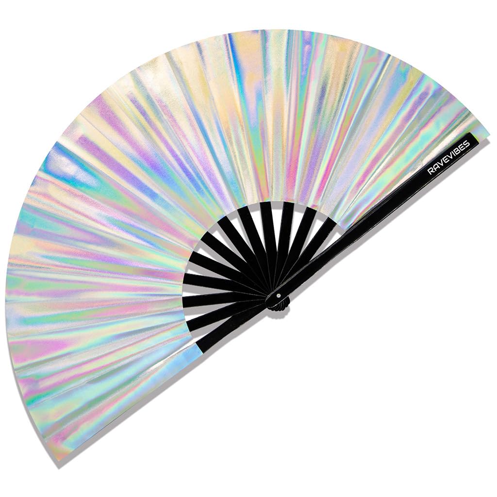 Ravevibes 13" Large Glitter Holographic Rave Hand Fan, Folding Lridescent Festival Edm Clack Fan Foldable for Rave Outfits Accessories Festival, Club, Party, Dance for Men Women, Holographic White