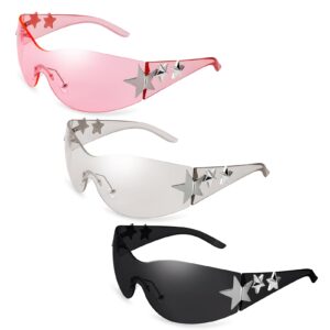 3 pairs y2k sunglasses for women men, trendy shield wrap around sun glasses, rimless star sunglasses, oversized fashion frameless sun glasses cycling driving shopping outdoor