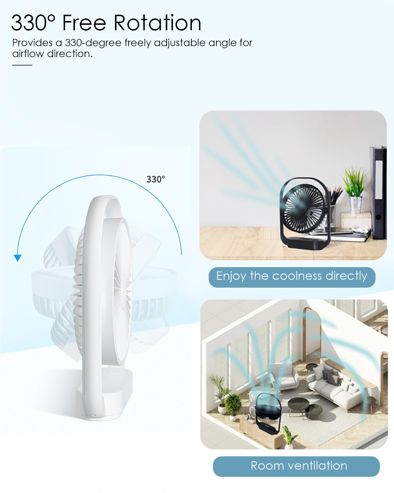 AceMining Fan, Silent Fans & Cooling, Rechargeable Fans, Desk Fan with 4 Speed, USB Fan with Night Light, 330° Rotation Electric Fan, Small Table Fan for Bedroom Office Bedside