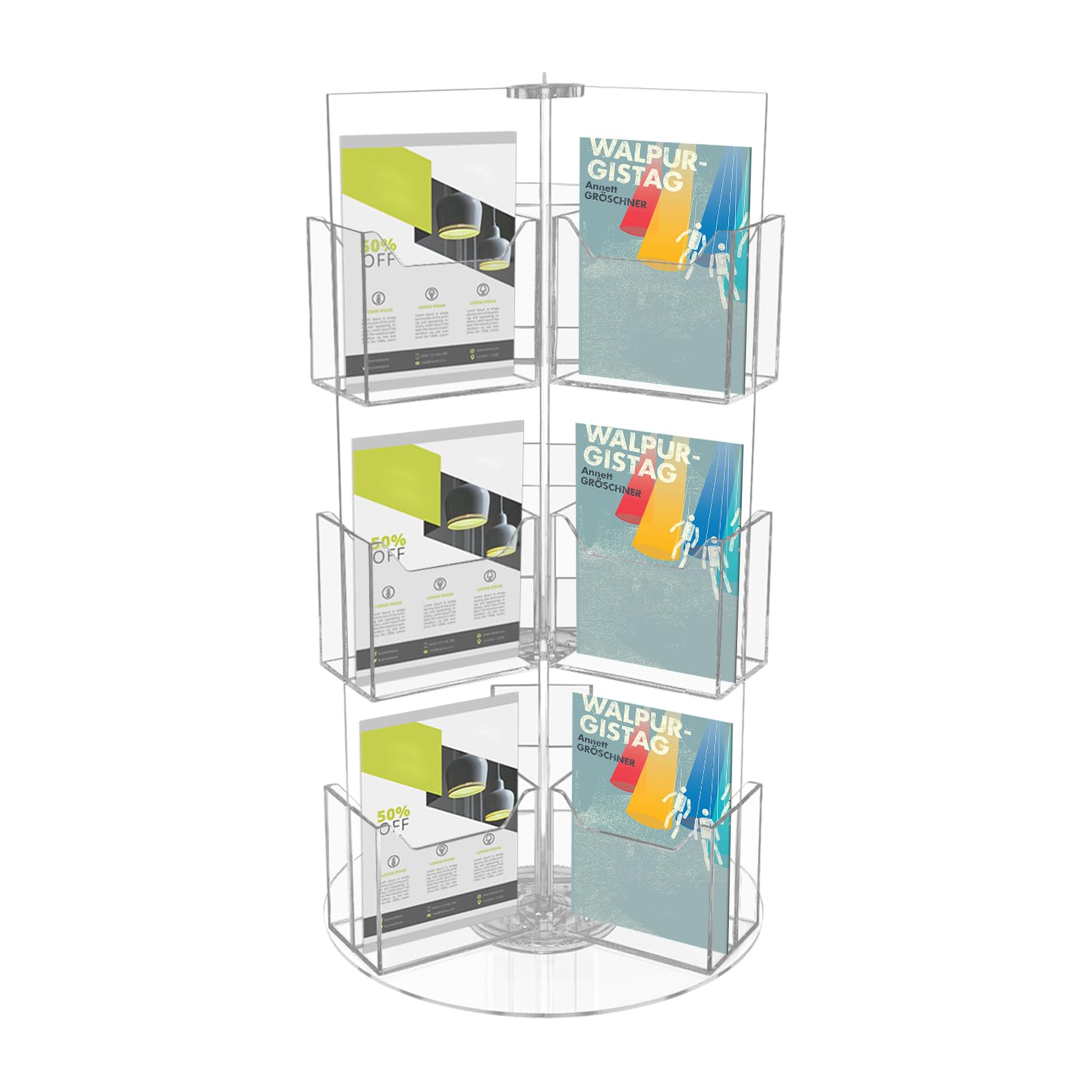 WUPYI Rotating Display Stand,3 Tier 12 Pocket Spinning Acrylic Business Card Holder Tabletop Greeting Cards Display Stand for Office Retail Trade