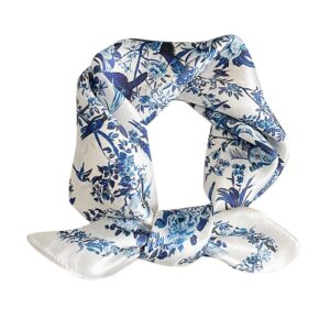 feiboon mulberry silk scarfs neck scarf 21"x21" small square scarfs hair scarf bandana for women gift packed (white and blue flowers)