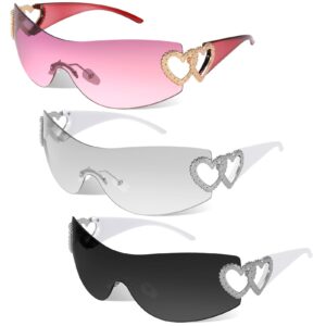 3 pcs y2k rimless sunglasses women men, y2k glasses trendy shield wrap around sunglasses oversized fashion frameless sun glasses uv400