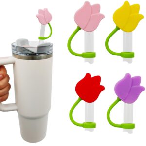 homdsg 4 pack tulip straw covers cap compatible with stanley cup 40 30 oz, cute silicone flowers straw topper, tumbler accessories, christmas gifts for women