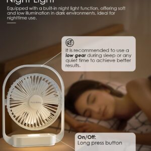 AceMining Fan, Silent Fans & Cooling, Rechargeable Fans, Desk Fan with 4 Speed, USB Fan with Night Light, 330° Rotation Electric Fan, Small Table Fan for Bedroom Office Bedside