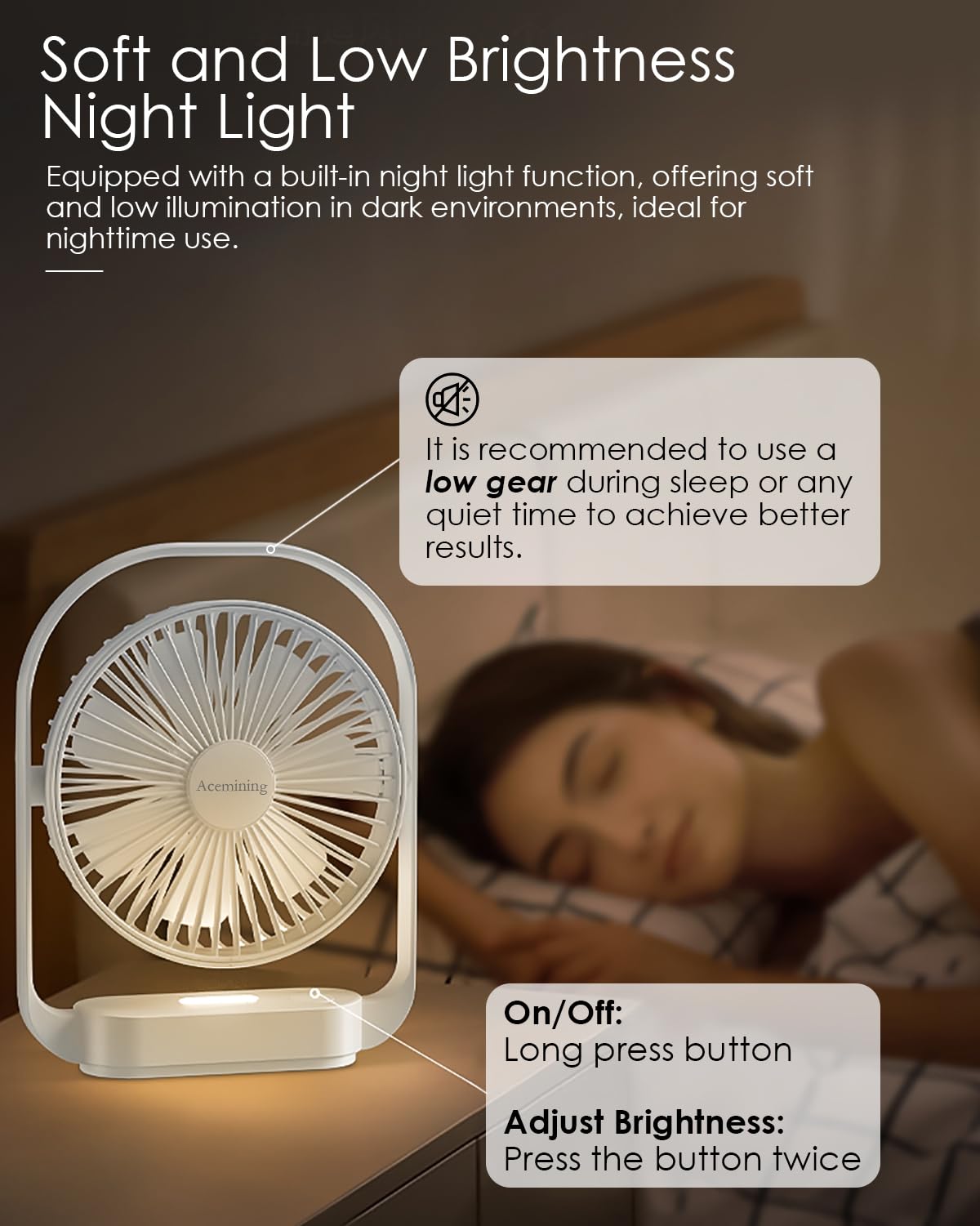 AceMining Fan, Silent Fans & Cooling, Rechargeable Fans, Desk Fan with 4 Speed, USB Fan with Night Light, 330° Rotation Electric Fan, Small Table Fan for Bedroom Office Bedside