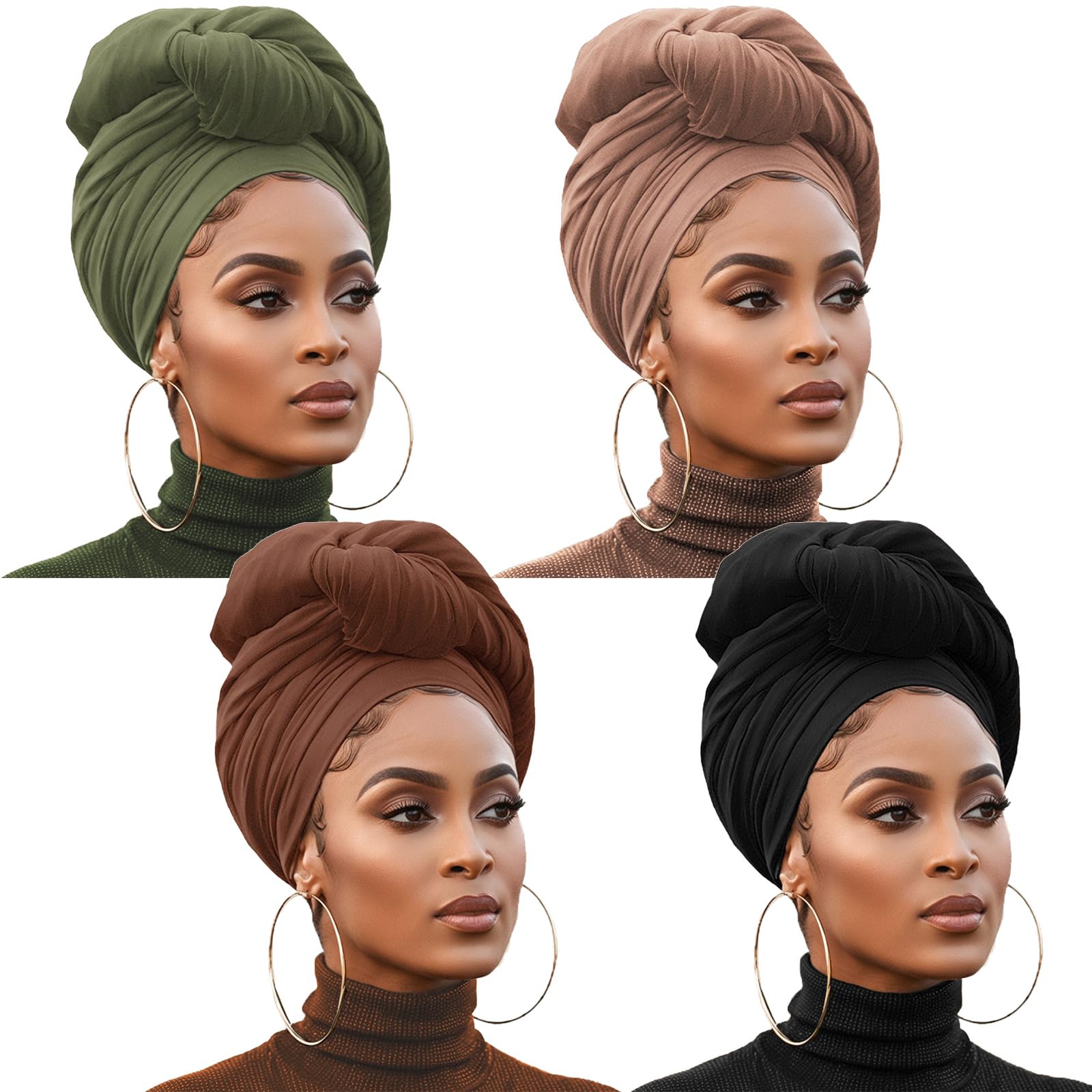 XTREND 4 Pieces Head Wrap Stretch Knit African Turban Fashion Headband Solid Color Neck Sleeve Soft Breathable Head Scarf for Women (Black, Camel, Army Green, Coffee)